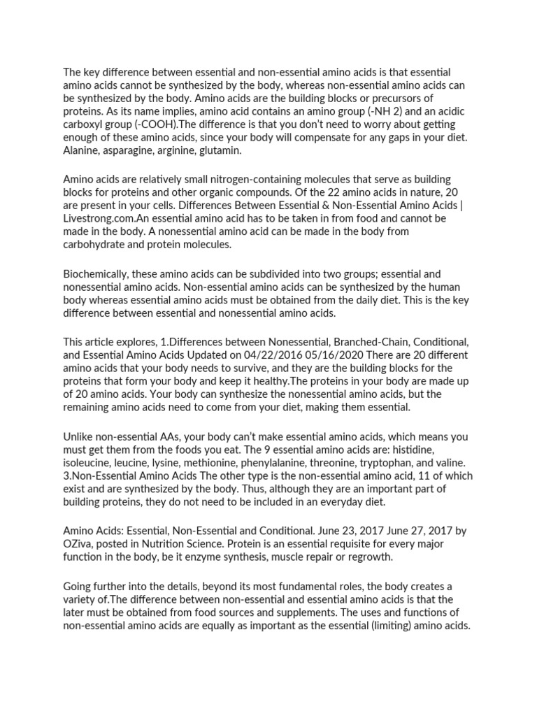 The Key Difference Between Essential and Non | PDF | Amino Acid ...