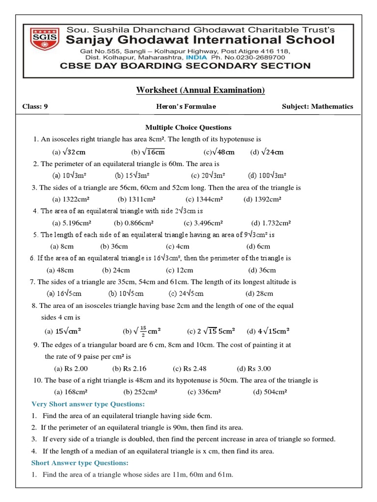Class 9 Heron's Formula Worksheet | PDF | Triangle | Area