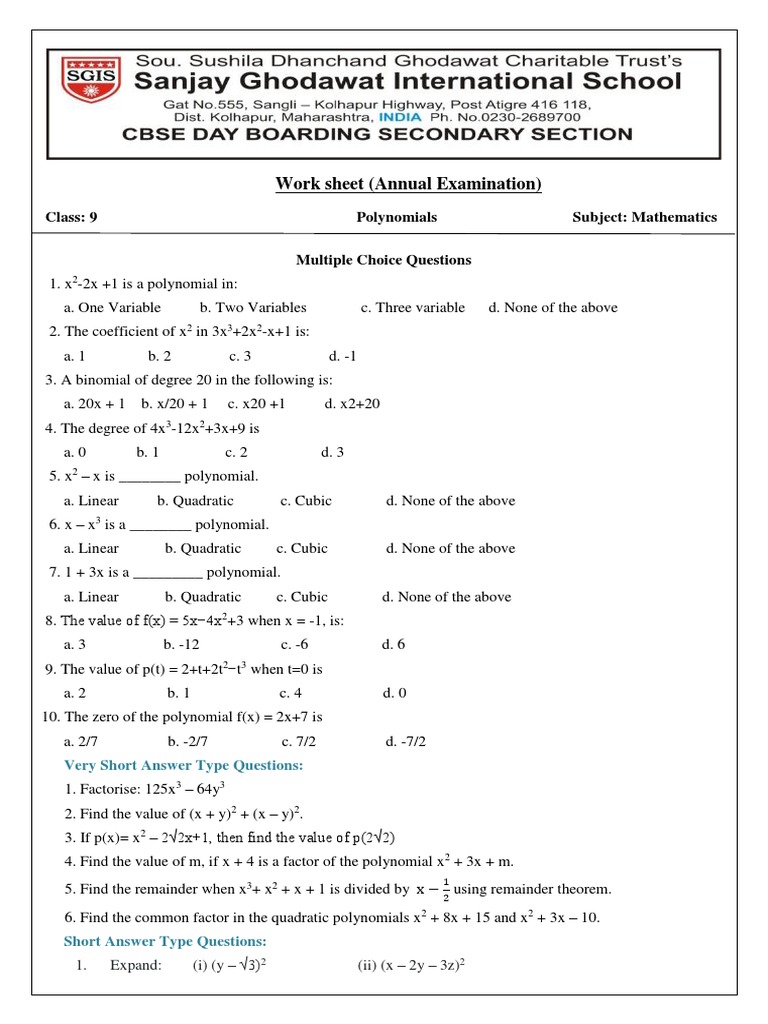 Class 9 (Polynomials) | PDF | Factorization | Polynomial
