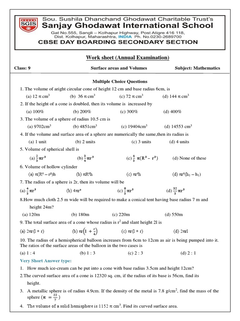 Class 9 Surface Area & Volume MCQs | PDF | Sphere | Area
