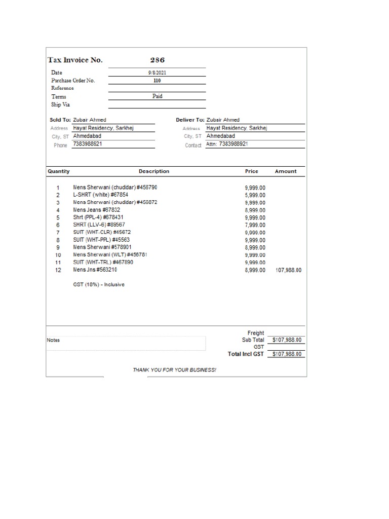 Cloth Bill - Zubair | PDF