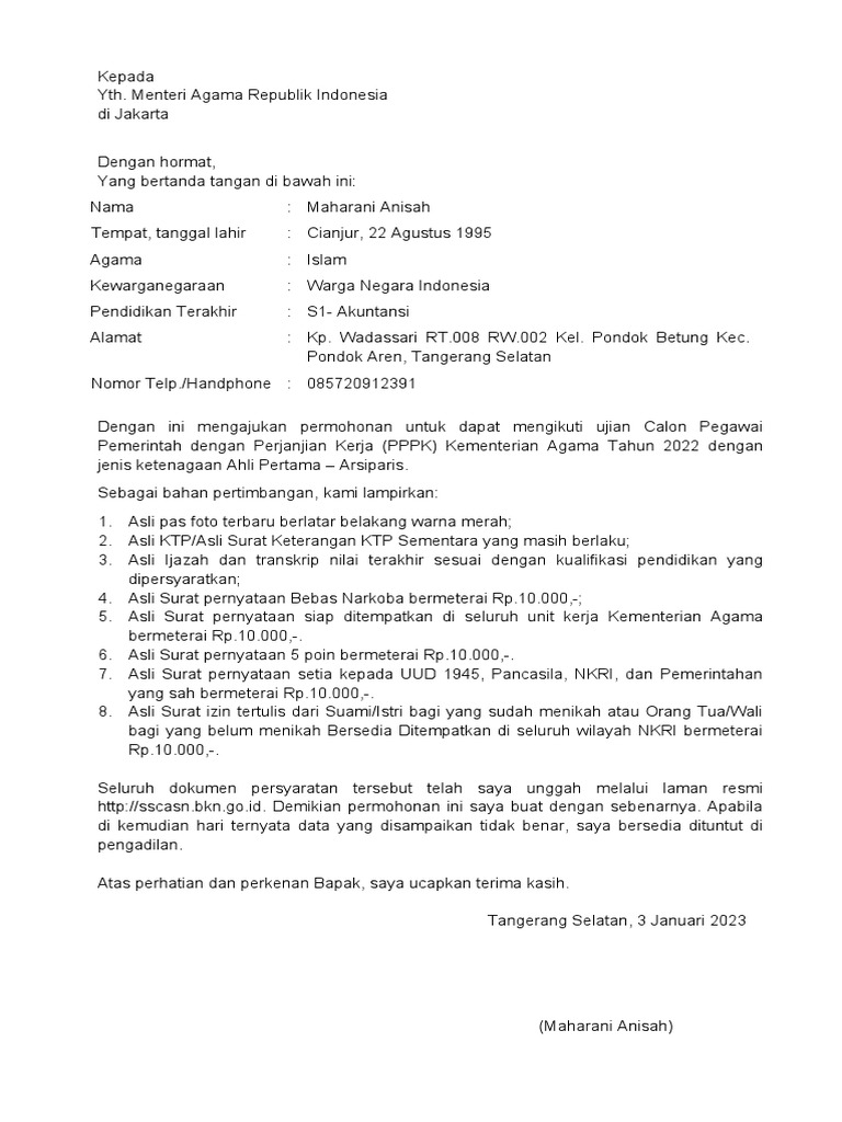 Surat Lamaran Kemenag (1) | PDF Surat Lamaran Kemenag (1) | PDF