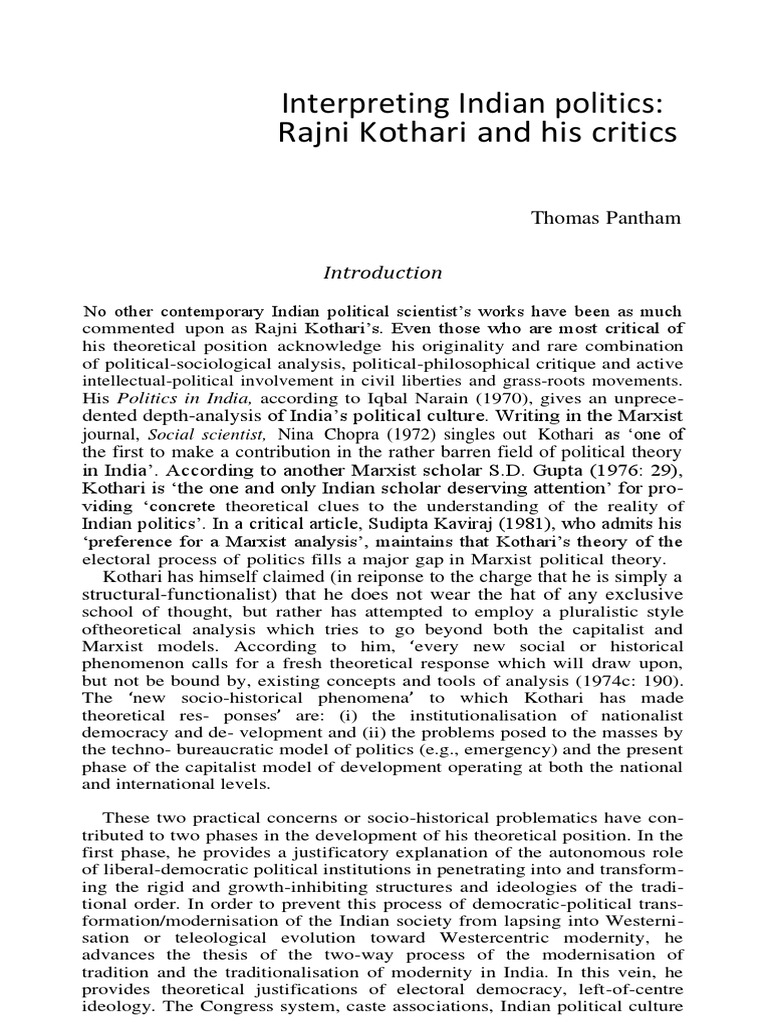 Interpreting Indian politics: Rajni Kothari and his critics by Thomas ...