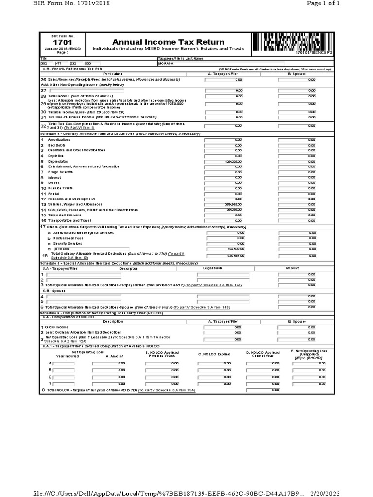 BIR Form 1701v2018 Overview | PDF | Tax Deduction | Income Tax