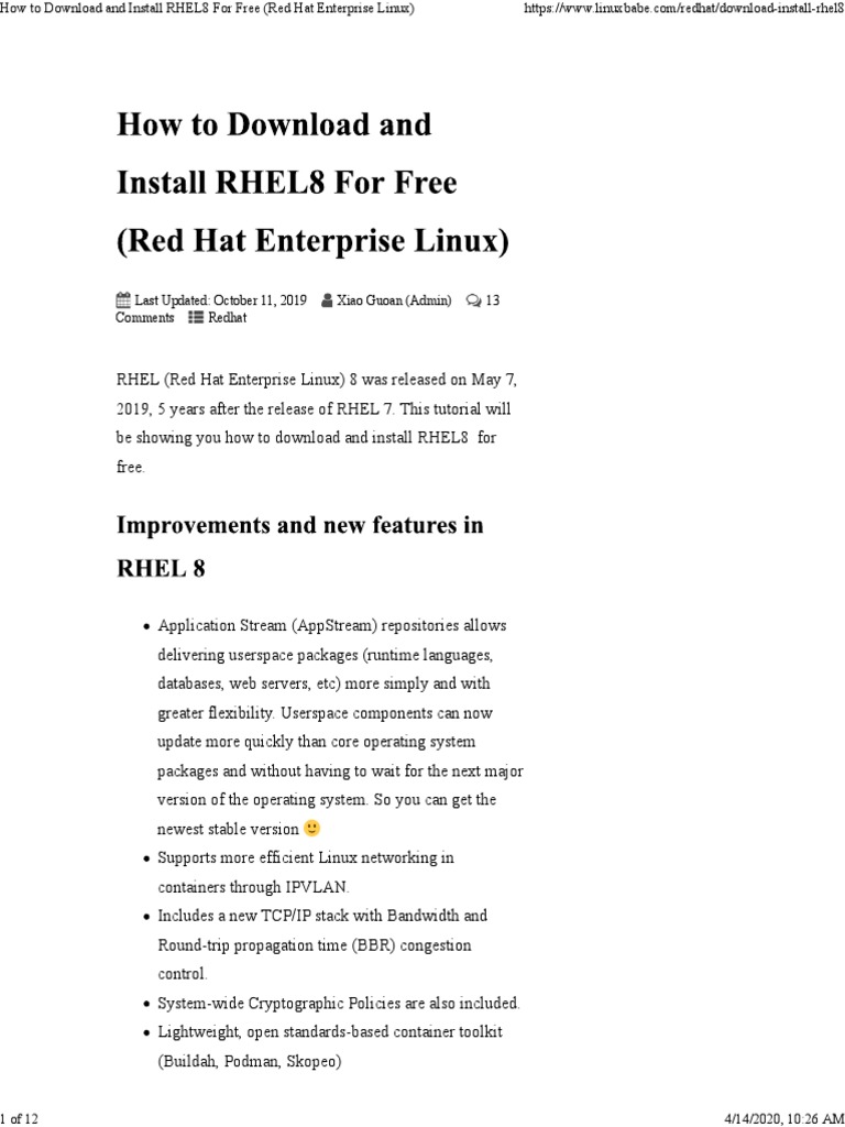 How To Download and Install RHEL8 For Free (Red Hat Enterprise Linux) | PDF | Linux | Operating ...