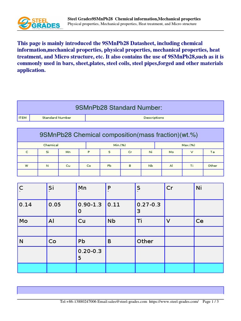 9SMnPb28 Datasheet | PDF | Rolling (Metalworking) | Steel