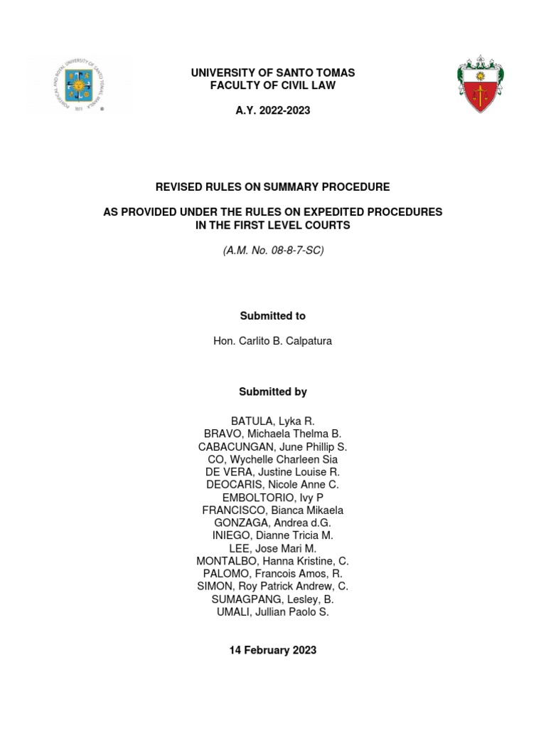 Rule On Summary Procedure - Group 2 | PDF | Lawsuit | Complaint