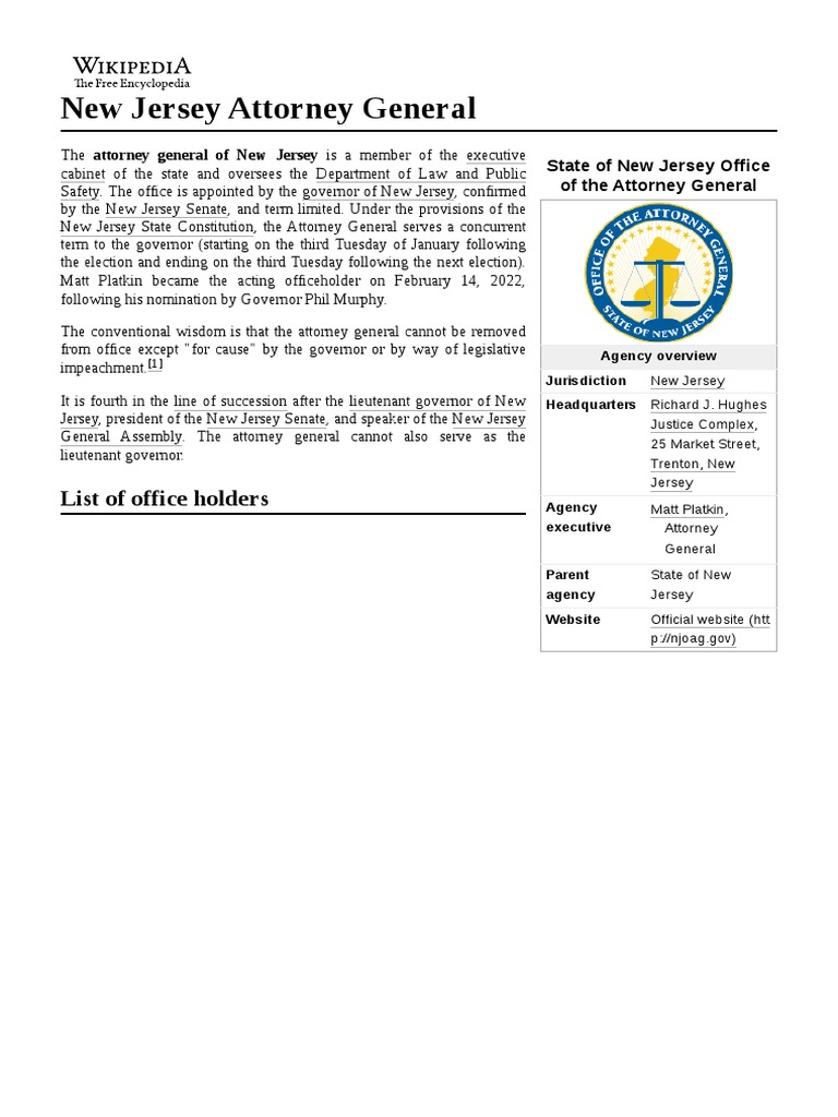 NJ Attorney General Overview | PDF | Government | American Politicians