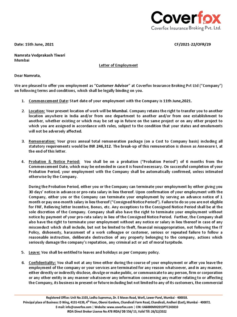 Offer Letter | PDF | Confidentiality | Civil Law (Legal System)