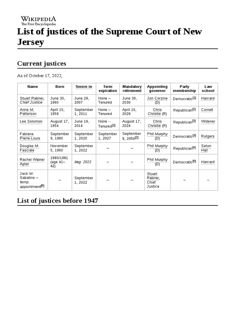 New Jersey Supreme Court Justices List | PDF | Government | Courts