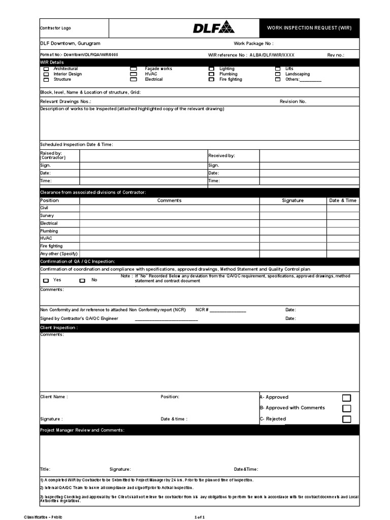 Work Inspection Request Form (WIR) | PDF | Specification (Technical ...