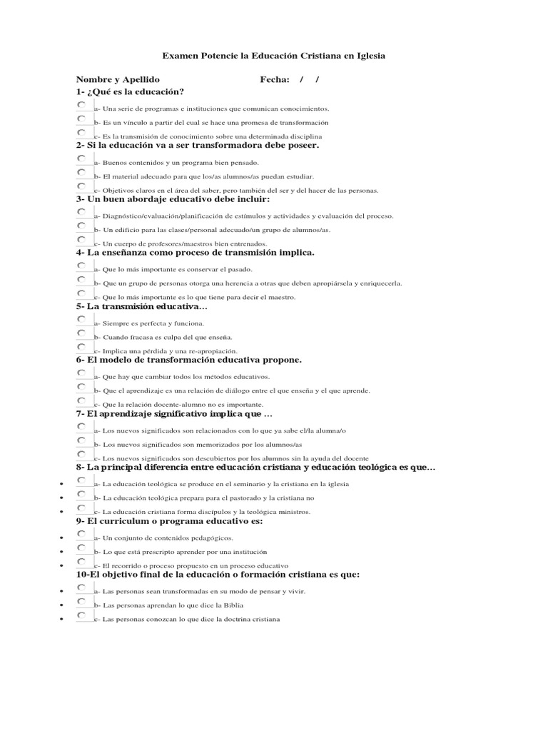Exámen Educacion Cristiana | PDF | Plan de estudios | Evaluación