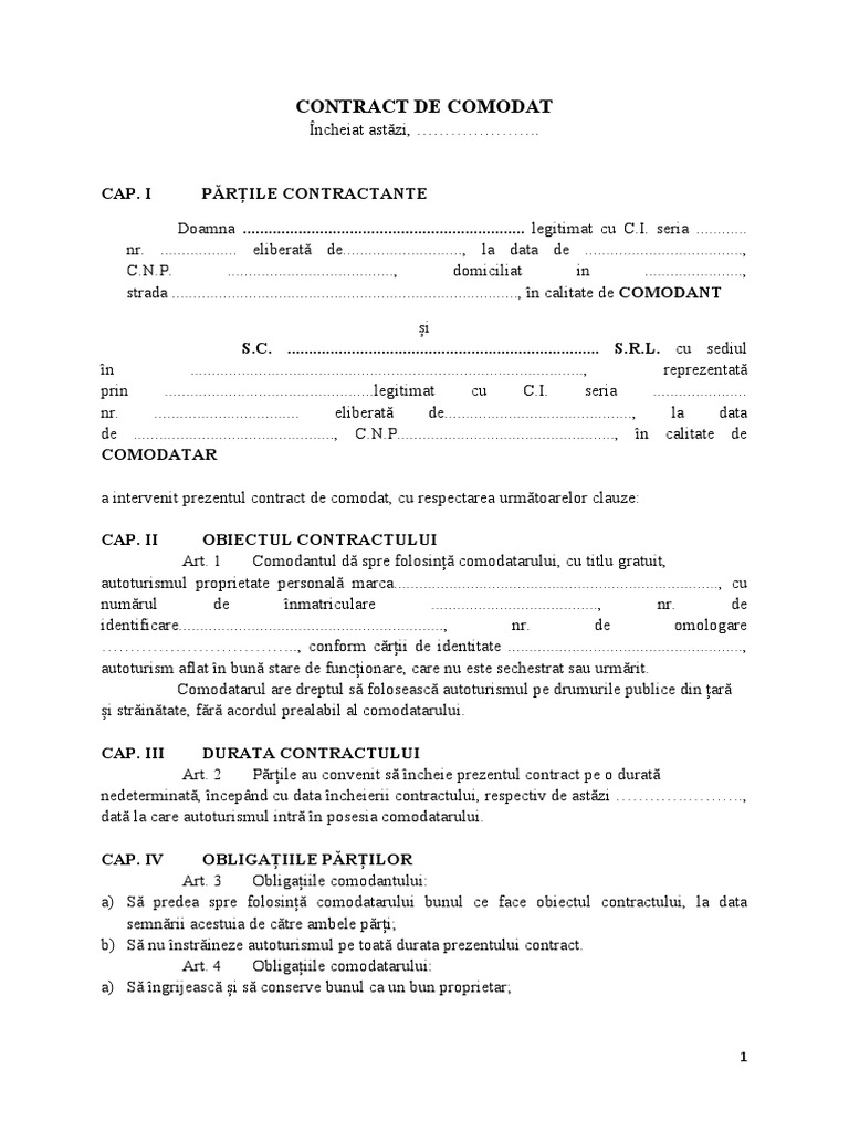 Contract de Comodat - Auto | PDF