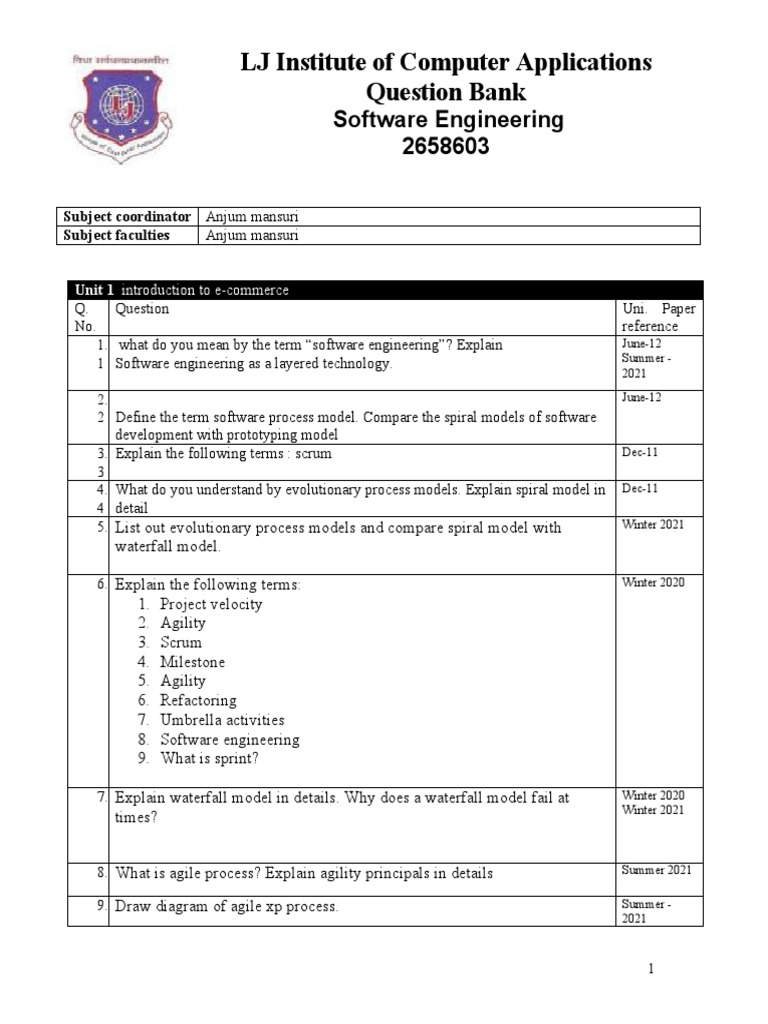 Software Engineering - QuestionBank | PDF | Agile Software Development ...