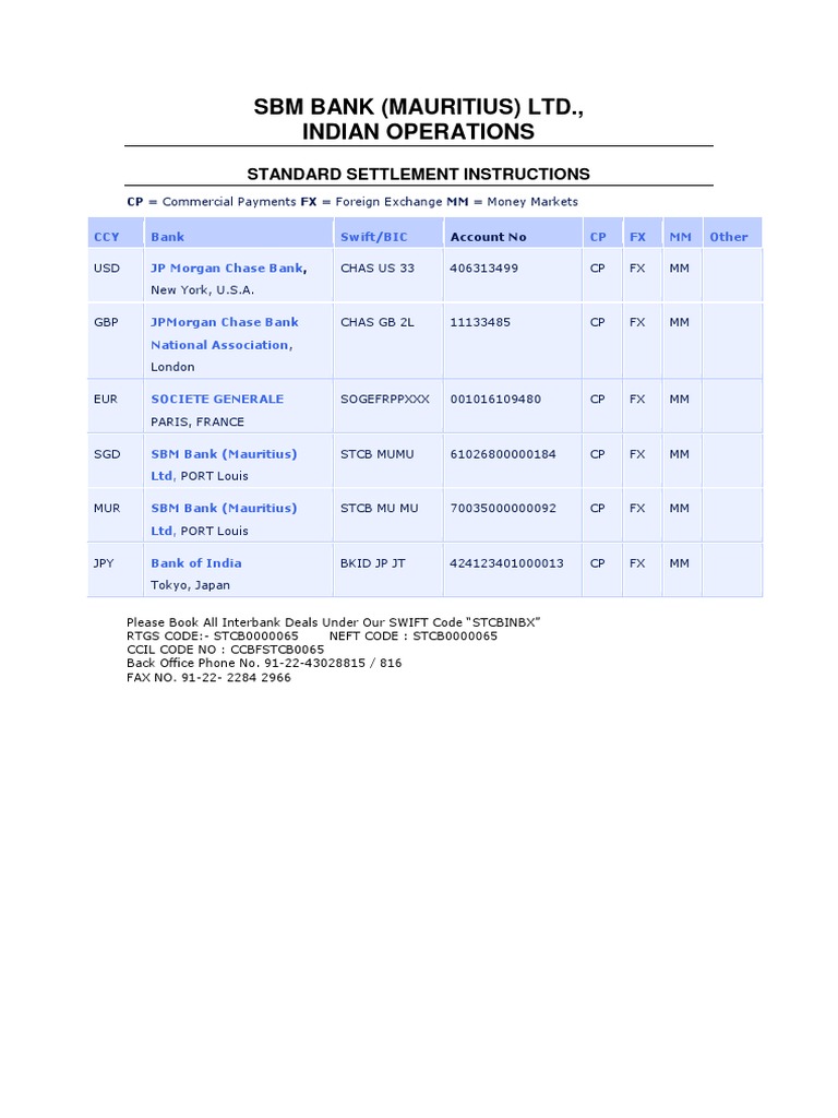 Standard Settlement Instructions | PDF