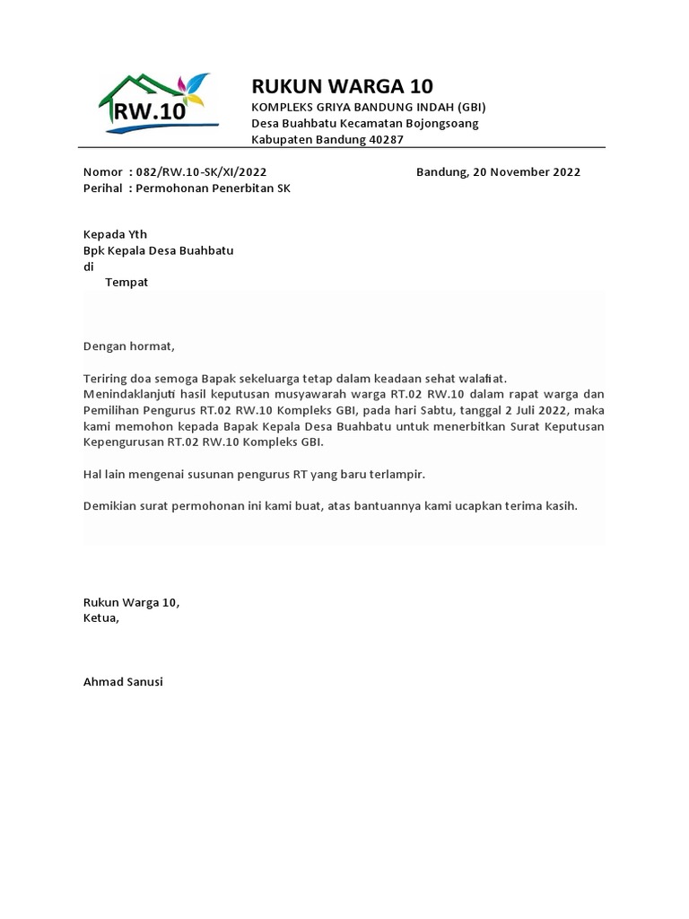 Surat Permohonan Penerbitan SK RT 02 RW 10 | PDF