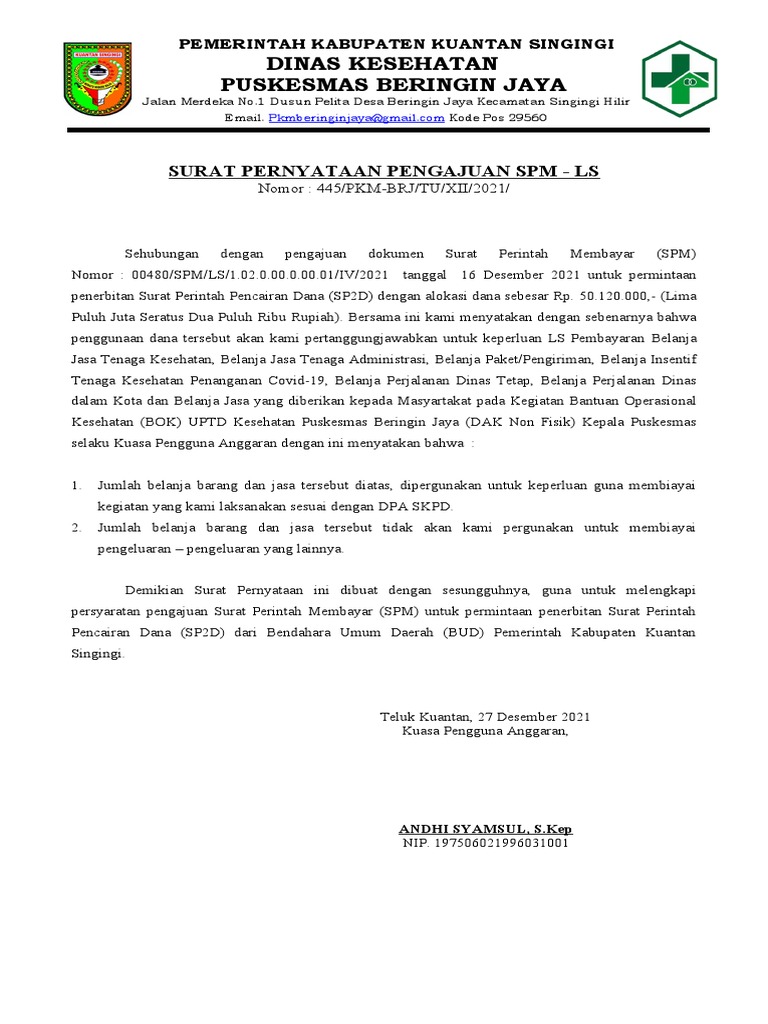 Contoh Surat Pernyataan Pengajuan SPM Ls | PDF