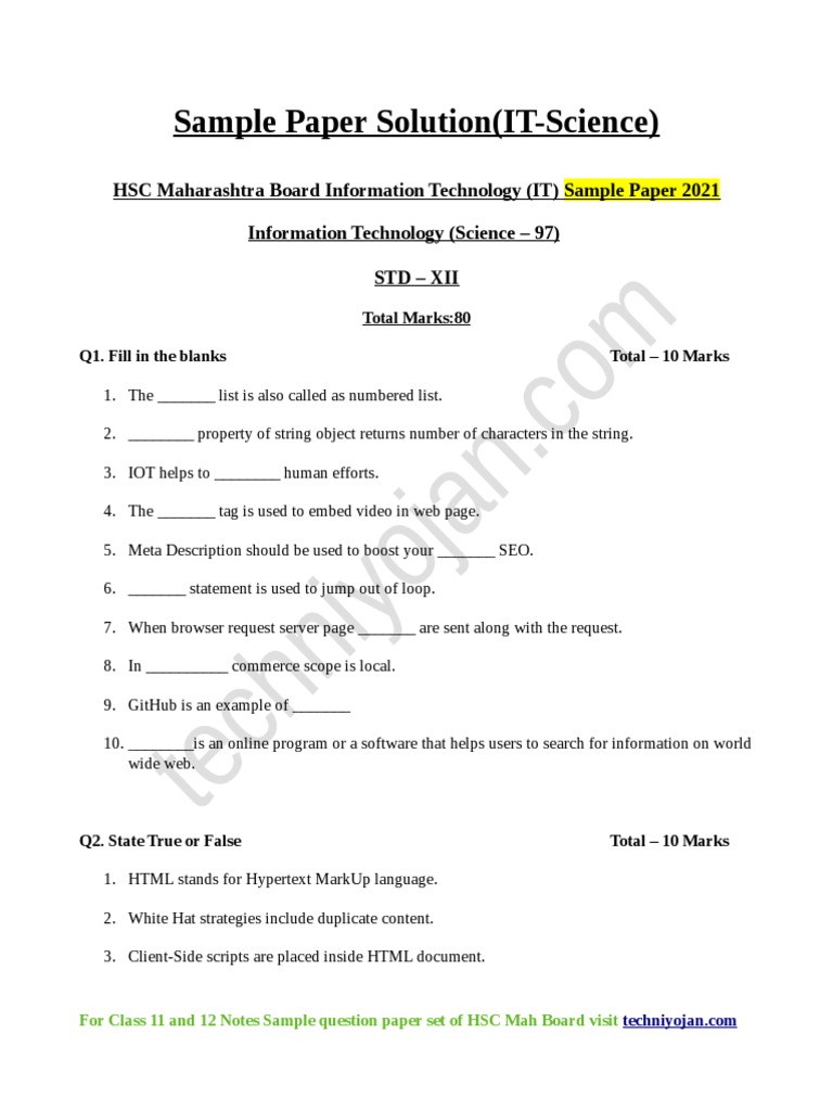 Sample Paper Board Hsc1sci | PDF | World Wide Web | Internet & Web