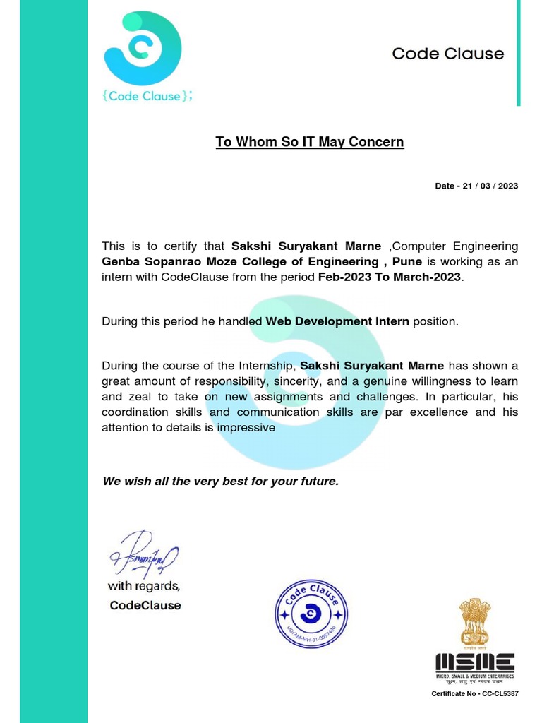 Sakshi Certificate | PDF