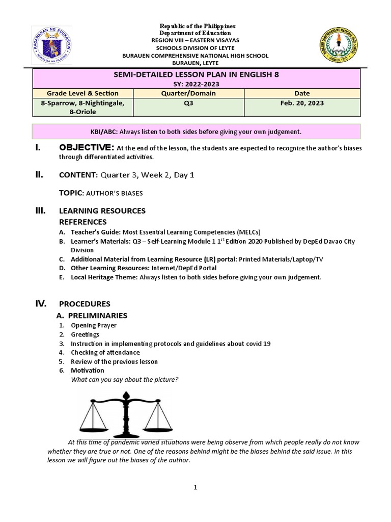 Lesson Plan in English 8 Q3 Authors Biases Day 1 | PDF | Bias | Lesson Plan