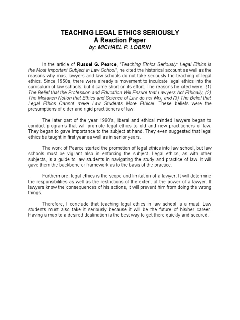 TEACHING LEGAL ETHICS SERIOUSLY Reaction Paper | PDF