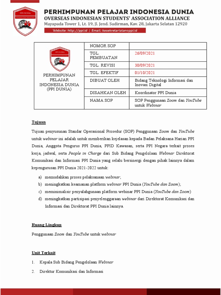 Revisi SOP Penggunaan Zoom Dan Youtube Untuk Webinar | PDF