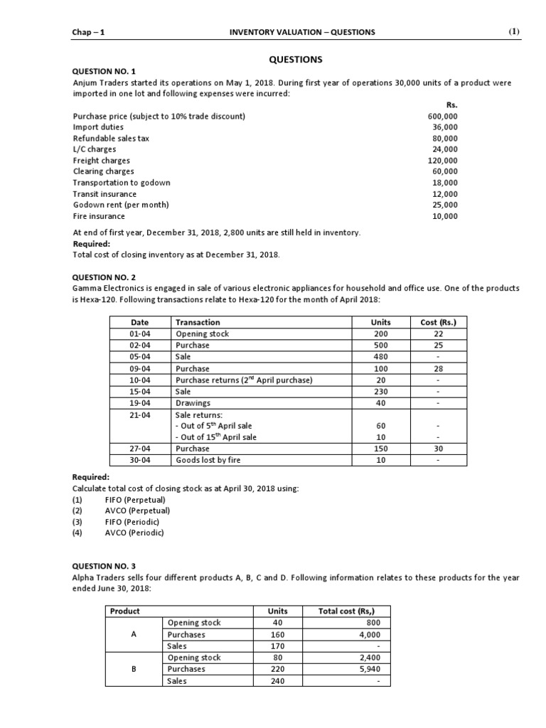 Chap 1 - Inventory Valuation (Questions) | PDF | Inventory | Stocks