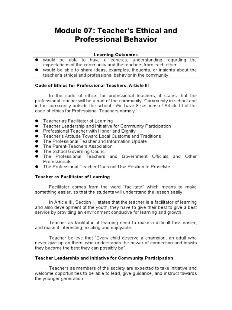 MODULE 07 - Teacher's Ethical and Professional Behavior | PDF | Teachers | Learning