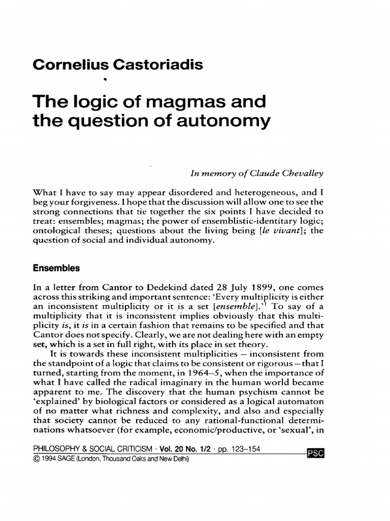 1994 - Castoriadis - The Logic of Magmas and The Question of Autonomy | PDF | Set (Mathematics ...