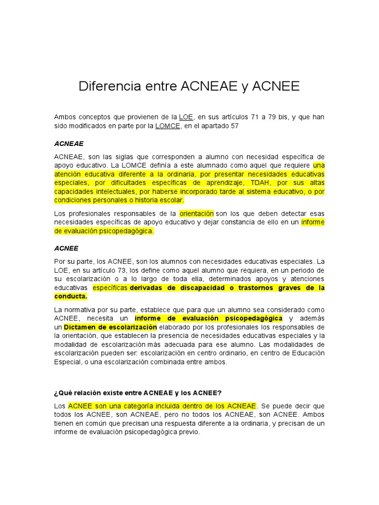 Diferencia Entre ACNEAE y ACNEE | PDF | Aprendizaje | Cognición