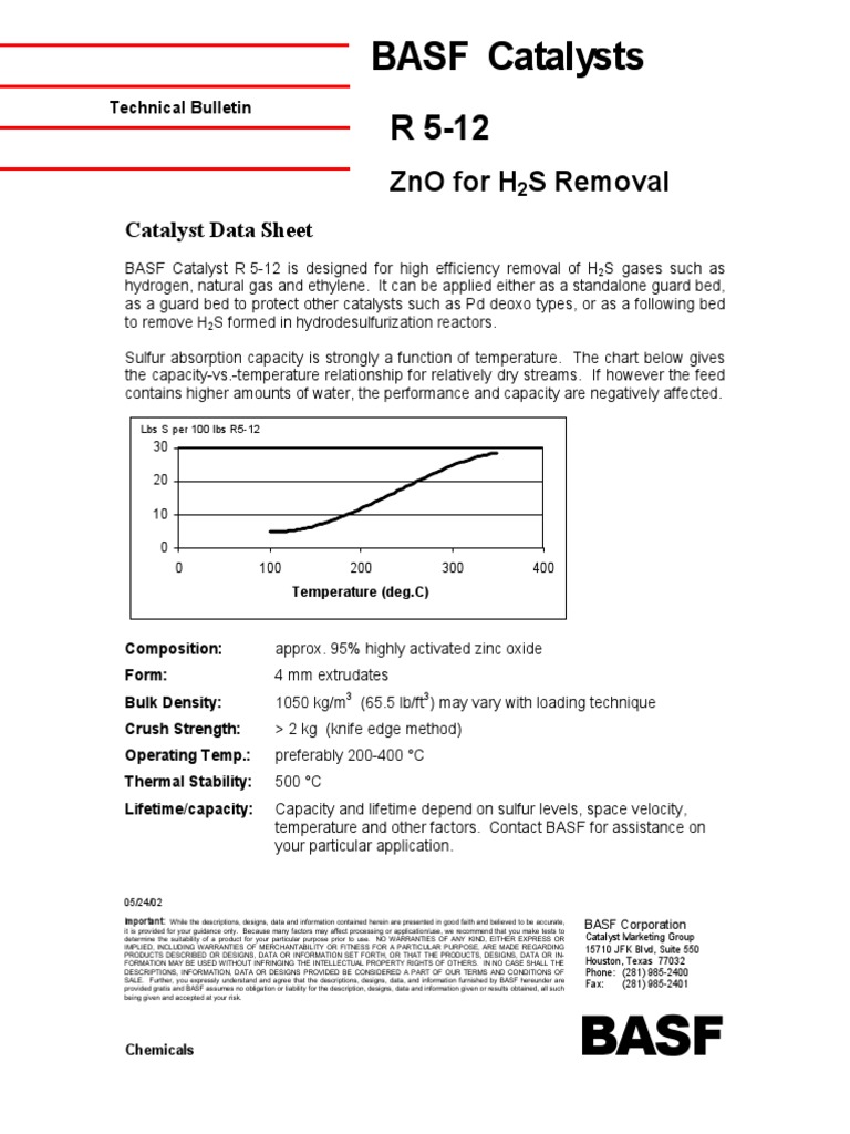 BASF R5-12 Data Sheet | PDF | Zinc Oxide | Catalysis