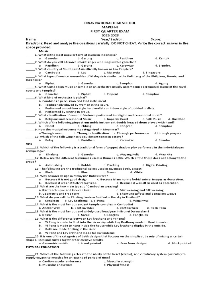 Mapeh8 First Quarter Exam 2022-2023 | PDF | Physical Fitness | Gender