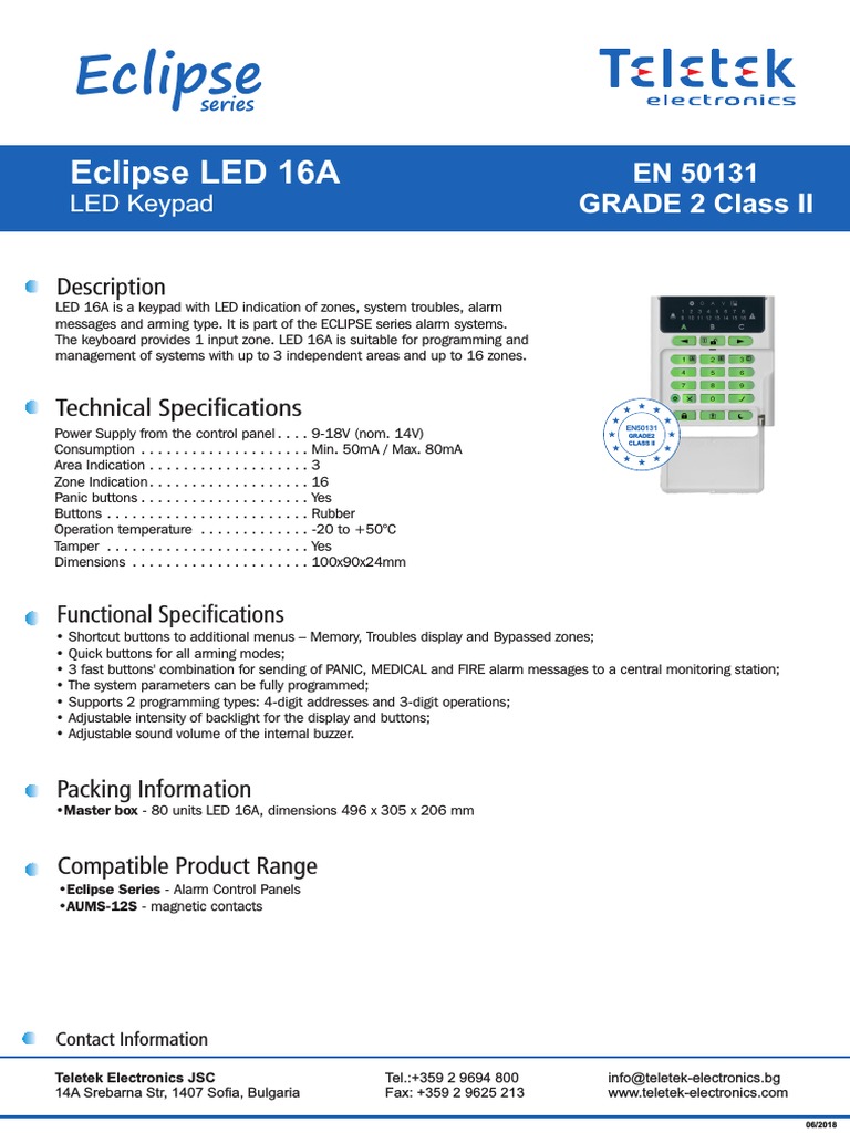 LED 16A Keypad for Eclipse Alarm Systems | PDF