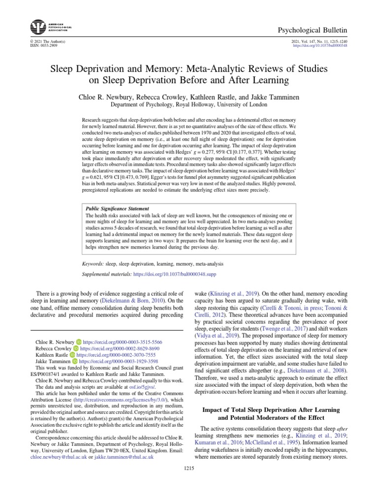 Sleep Deprivation and Memory Meta-Analytic Reviews of Studies On Sleep ...