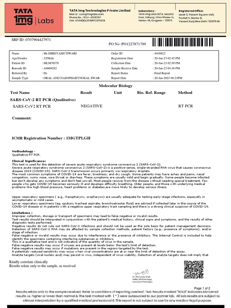 COVID-19 RT PCR Test Report | PDF | Infection | Clinical Medicine