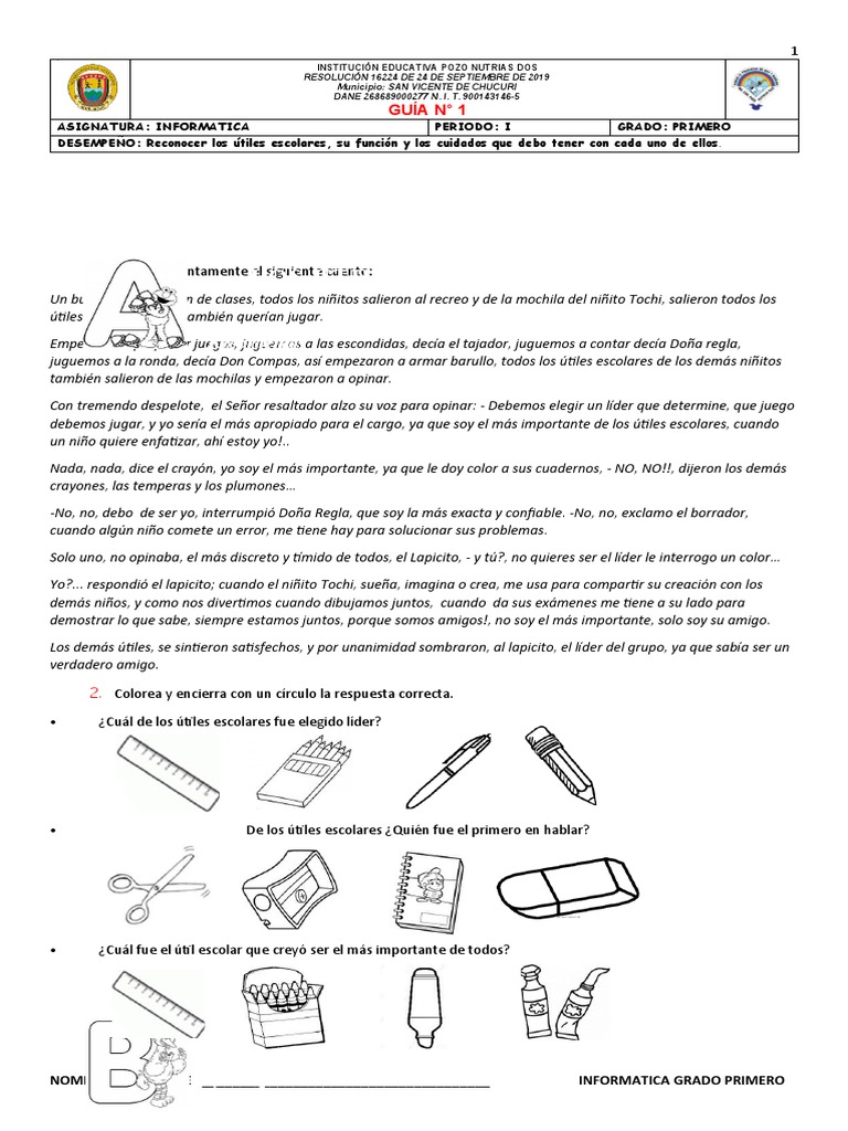 Reconocer los útiles escolares y sus cuidados | PDF