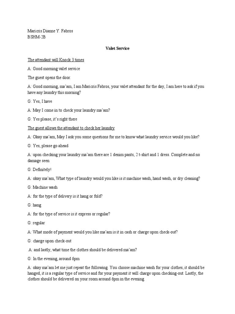 Valet Laundry Service Interaction Script | PDF
