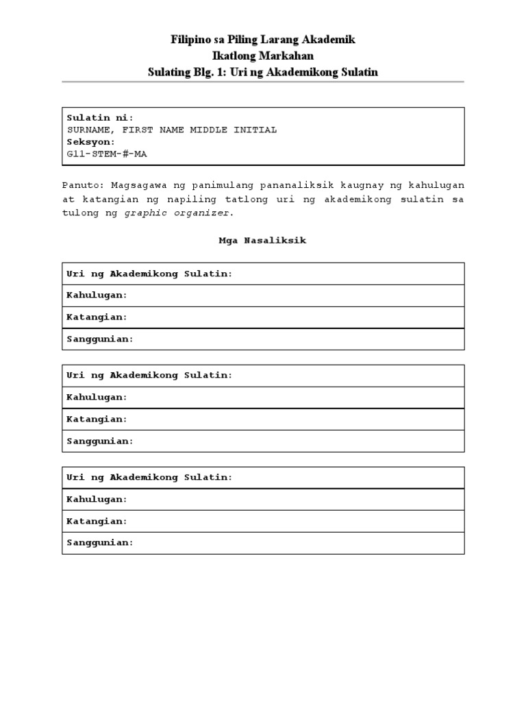 FPL PETA 1 Panimulang Pananaliksik Pormat | PDF