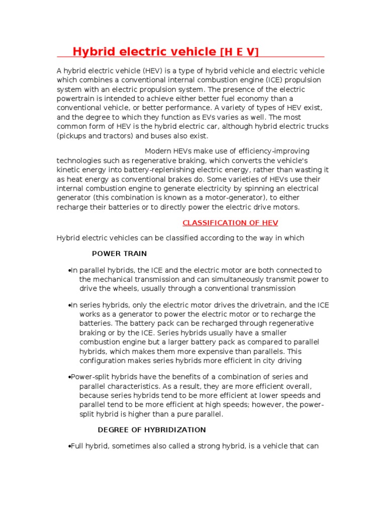 Hybrid Electric Vehicle: Classification of Hev | Download Free PDF ...