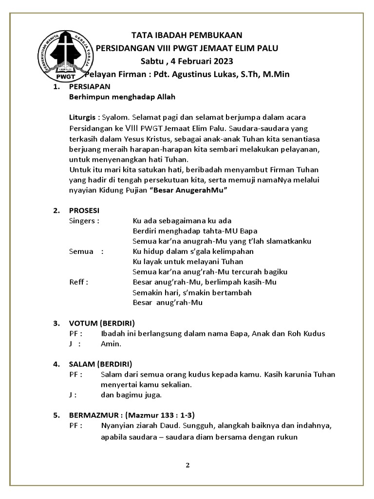 Tata Ibadah Persidangan PWGT JEP 2023 NEW | PDF