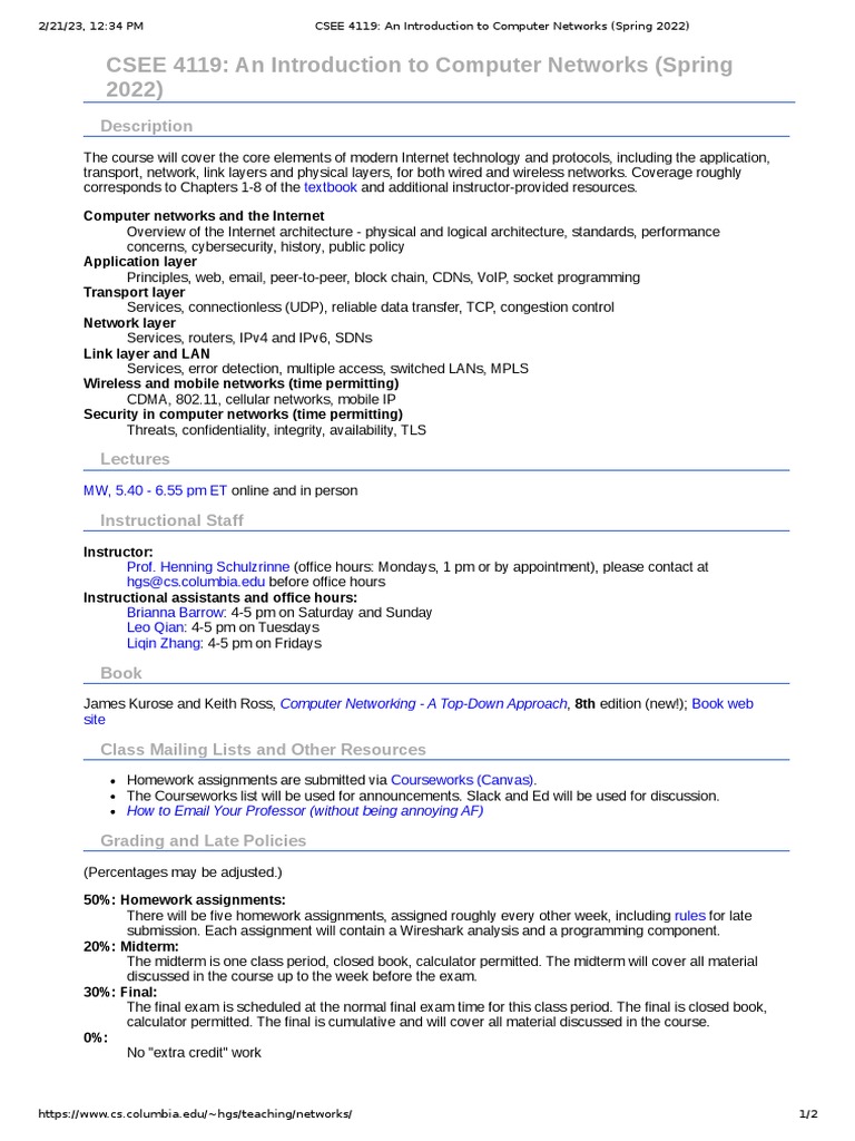 CSEE 4119 - An Introduction To Computer Networks (Spring 2022) | PDF | Computer Network | Internet