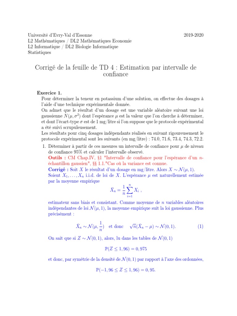 Corrigé de La Feuille de TD 4: Estimation Par Intervalle de Confiance | Descargar gratis PDF ...