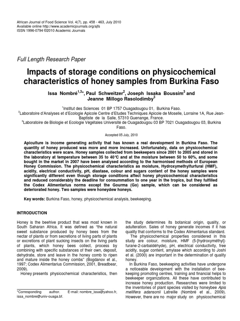 Impacts of Storage Conditions On Physicochemical | PDF | Honey | Honey Bee