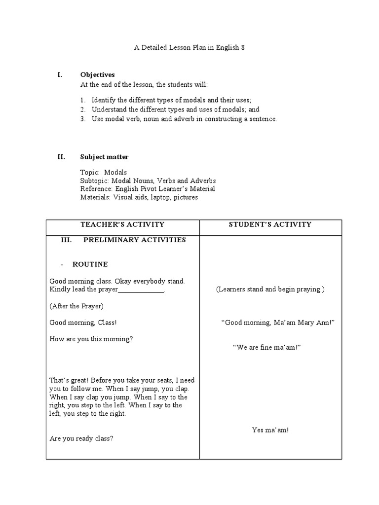 Lesson Plan for Teaching Modal Verbs | PDF | Verb | Adverb