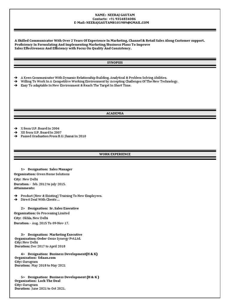 Neeraj CV-1 | Download Free PDF | Sales | Business