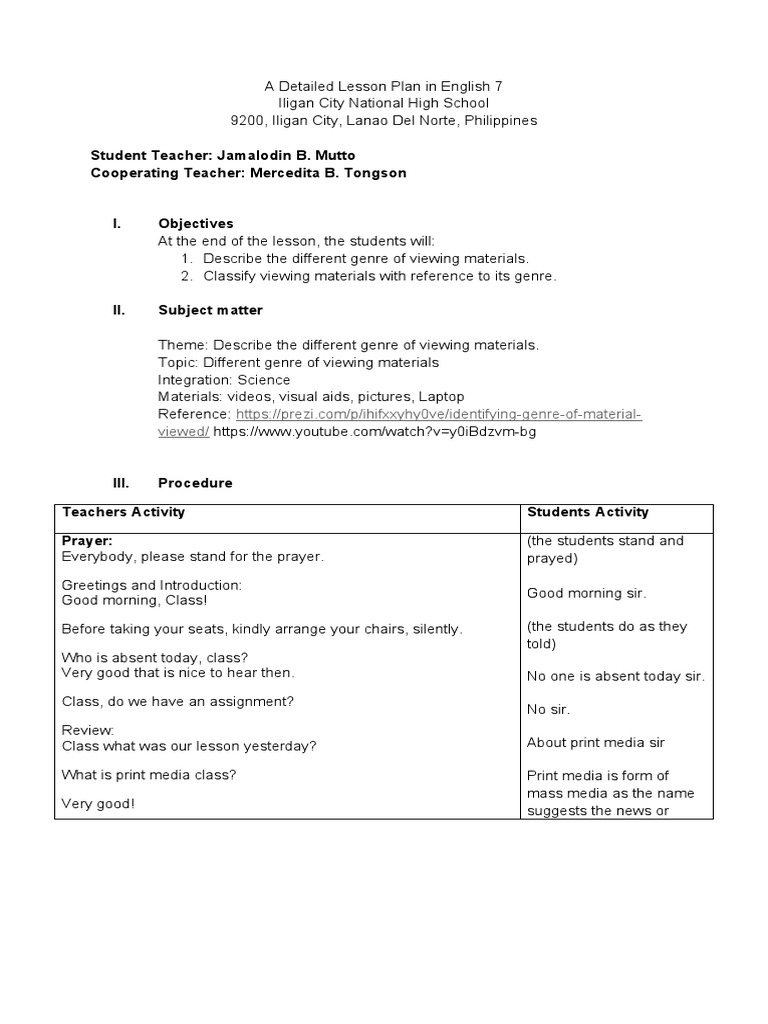 A Detailed Lesson Plan in English 7 | PDF | Lesson Plan | Mass Media