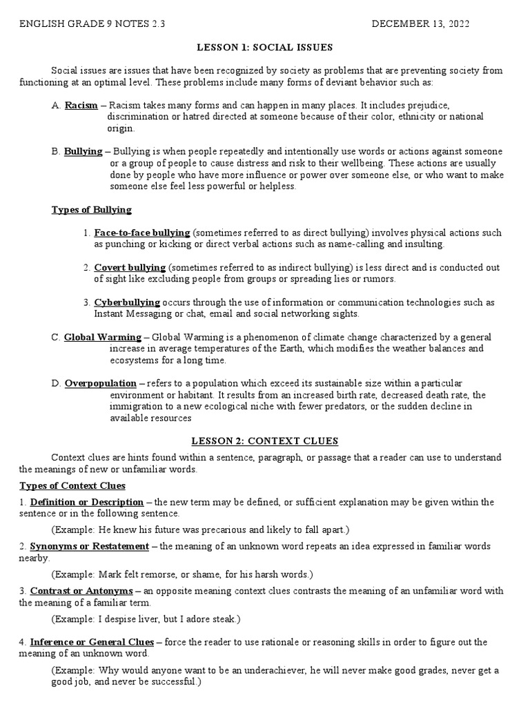 English Grade 9 Notes 2.3 Social Issues and Context Clues | PDF ...