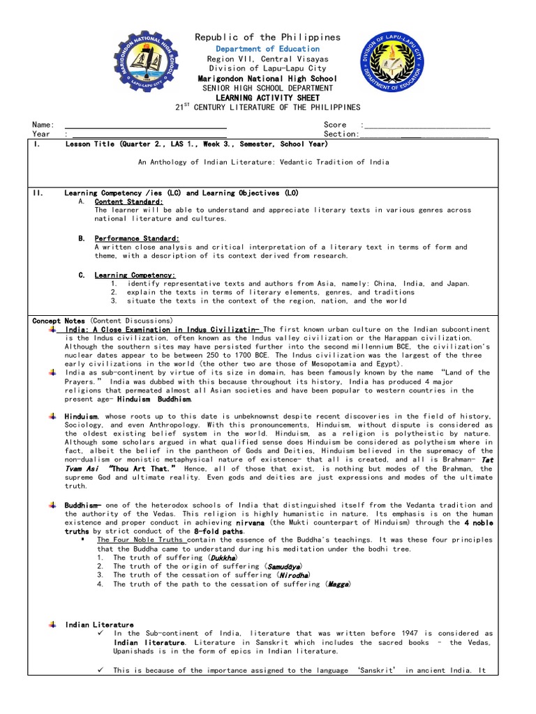 Las q2 l1 w3-4 Indian Literature | PDF | Upanishads | Brahman
