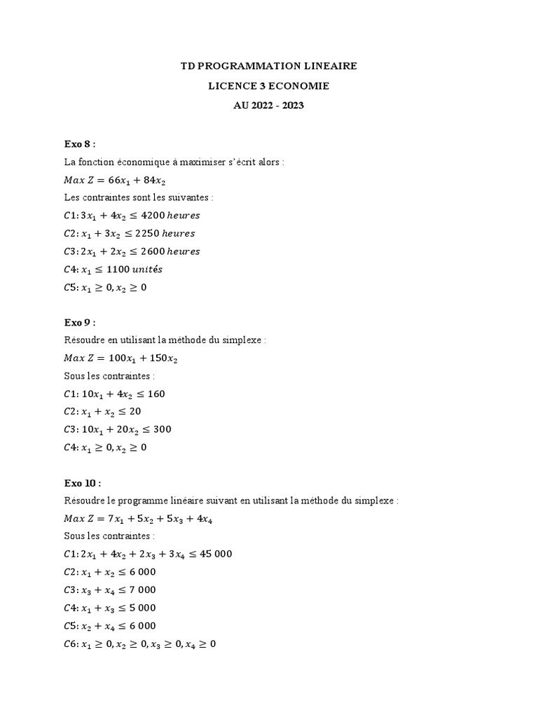 Exercices de Programmation Linéaire L3 Économie | PDF