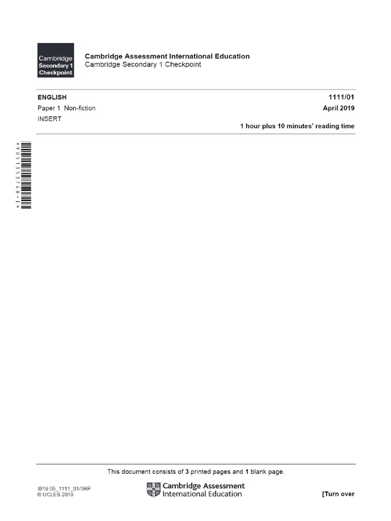Cambridge Secondary Checkpoint - English (1111) April 2019 Paper 1 Non-Fiction Insert | PDF
